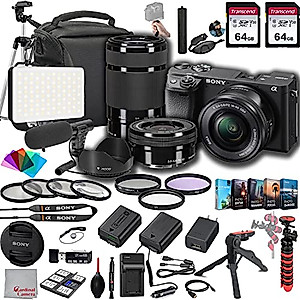 Sony a6400 Mirrorless Camera with 16-50mm + 55-210mm Lenses, 128GB Memory.43 Wide Angle & 2X Lenses, Case. Tripod, Filters, Hood, Grip,Spare Battery & Charger, Editing Software Kit -Deluxe Bundle