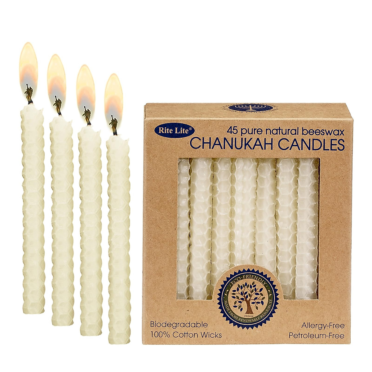 Rite Lite Judaica Hand Rolled Honeycomb Beeswax Hanukkah Candles, 45 Count Chanukah Menorah Gifts, Jewish Holiday Party Favors Candleholder (Natural)