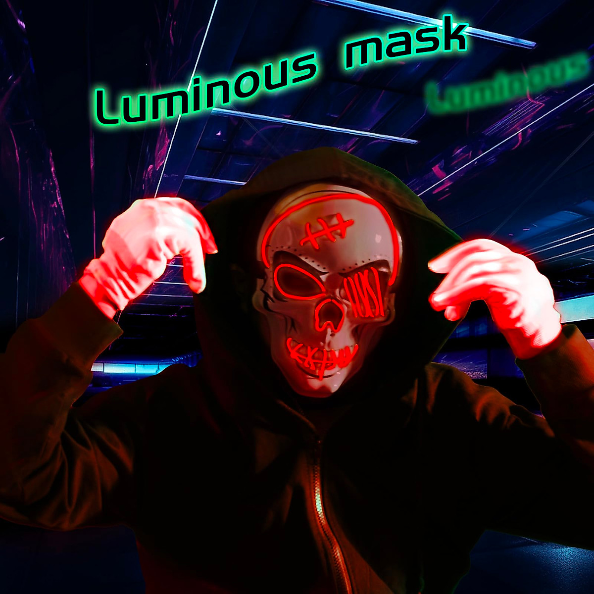 OceanWings Halloween LED Mask with Gloves Light up Costumes Scary Mask for Party Supplies Favor(Red&Gloves)