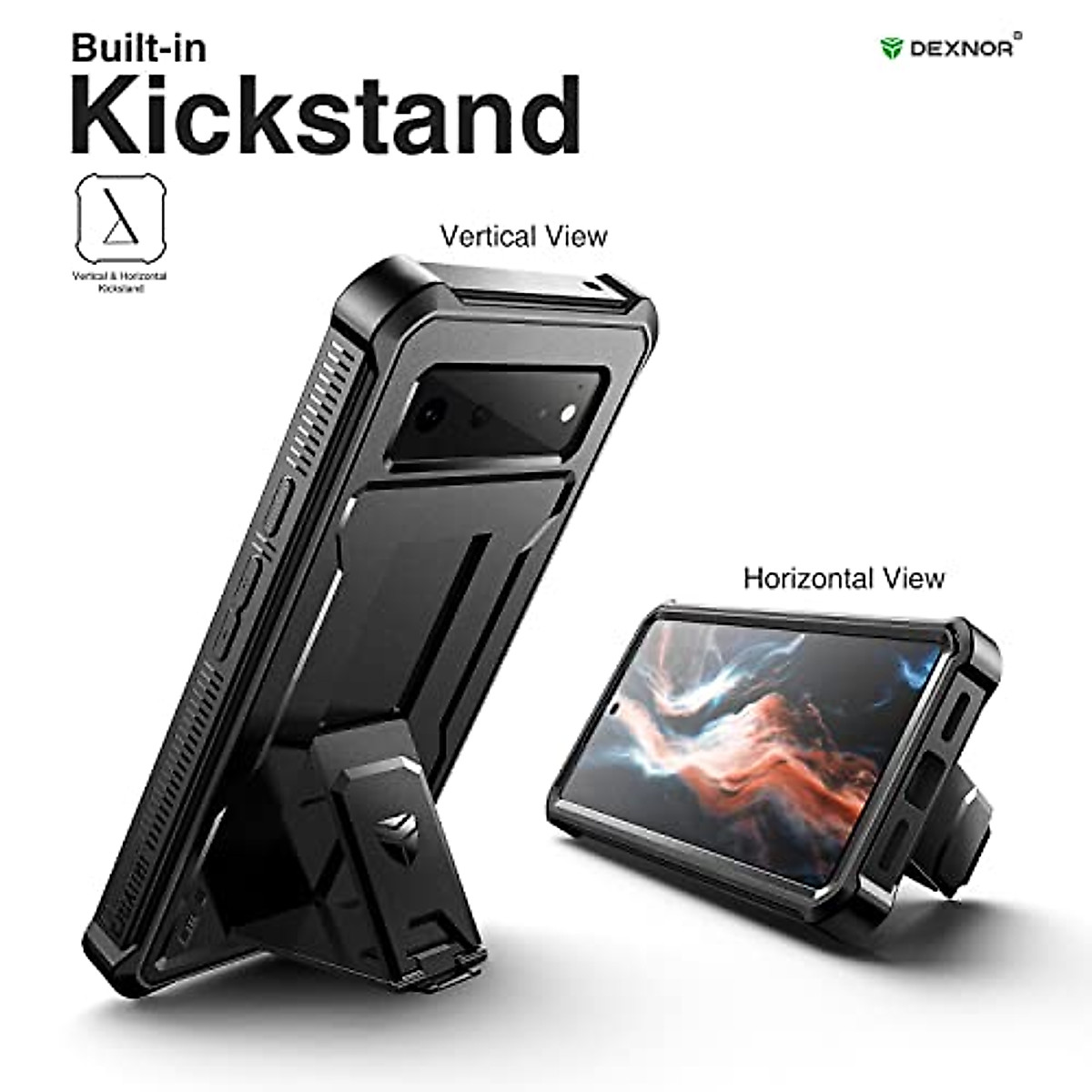Dexnor for Google Pixel 6 Case, [Built in Screen Protector and Kickstand] Heavy Duty Military Grade Protection Shockproof Protective Cover for Google Pixel 6 5G (Black)