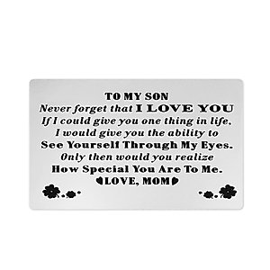 Personalized Engraved Wallet Insert Card for Son - I Love You - Graduation Birthday Christmas Deployment - Unique Message Metal Cards for Him from Mom Mather