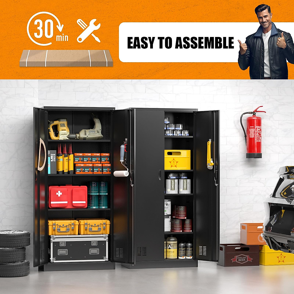 Metal Garage Storage Cabinet, Locking Garage Tool Cabinet, 71"Tall Steel Storage Cabinets with Doors and Adjustable Shelves, Locker Black Metal Tool Cabinets for Garage, Home Office, Assembly Required