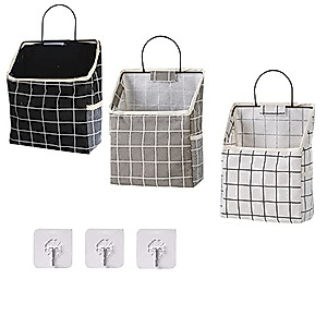 Teatalk 3 Pack Wall Hanging Storage Bags with Sticky Hooks,Closet Hanging Storage for Pocket,Bathroom Dormitory Organizer,Linen Cotton Organizer Box Containers for Bedroom