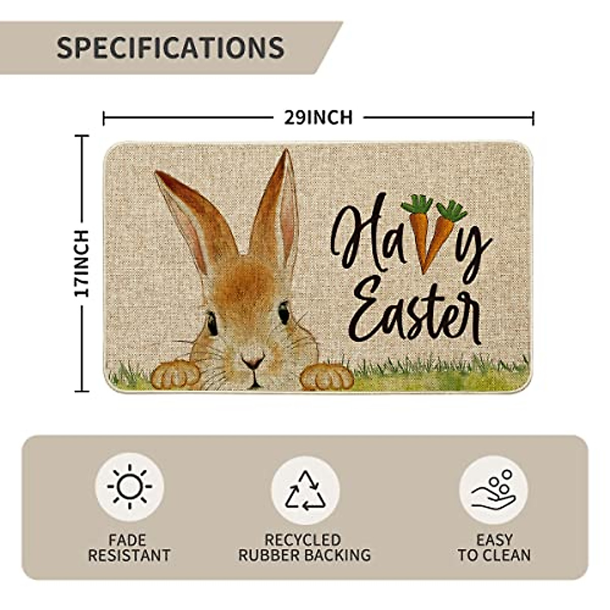 Artoid Mode Cute Rabbit Carrots Happy Easter Welcome Doormat, Seasonal Spring Low-Profile Rug Switch Mat for Indoor Outdoor 17x29 Inch