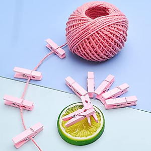BronaGrand 50 Pieces Pink Wooden Clothespins Photo Clips Wood Laundry Peg Pins Craft Clips with 50 Meters Twine for DIY Projects Handicrafts Home Decoration