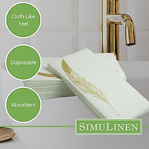 SimuLinen Decorative Gold Feather Design Paper Towels - Hand Towels for Bathroom - Cloth-Like, Linen-Feel for Guest Bathroom Essentials, Size: 12x17” (Pack of 100) Made in Germany