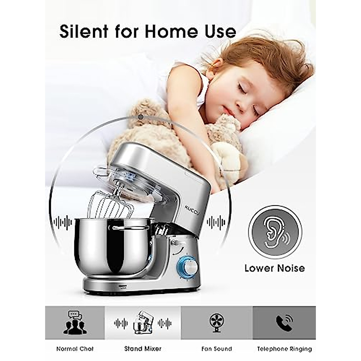 KUCCU Stand Mixer, 8.5 Qt 660W, 6-Speed Tilt-Head Food Dough Mixer, Electric Kitchen Mixer with Dough Hook, Flat Beater & Wire Whisk, Mixing Bowl (8.5-QT, Silver)