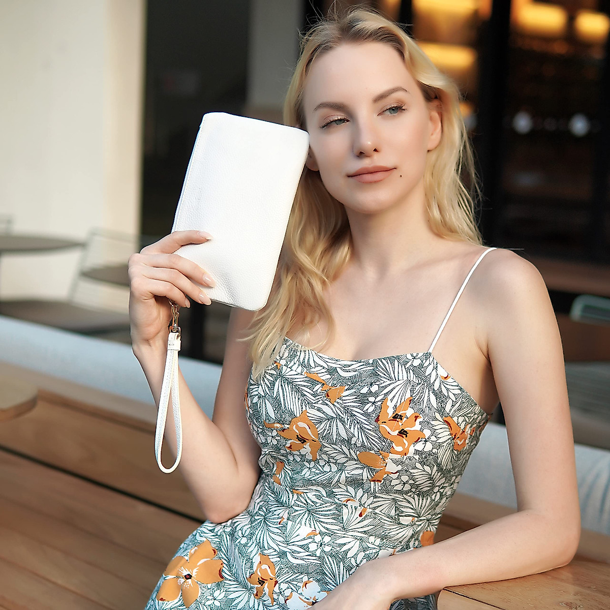 befen Genuine Leather White Wristlet Clutch Cell Phone Wallet Purse for Women, Smartphone Wristlet Bag Purses and Handbags - Fit iPhone 14 Pro Max