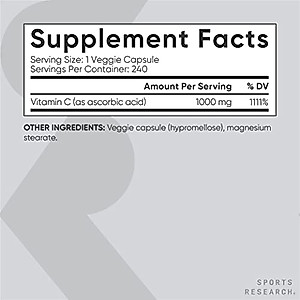 Sports Research High Potency Vitamin C Supplement - Vegan Veggie Capsules for Antioxidant Activity & Immune Support - Non-GMO Verified & Gluten Free - Ascorbic Acid Vitamin C 1000mg, 240 Count