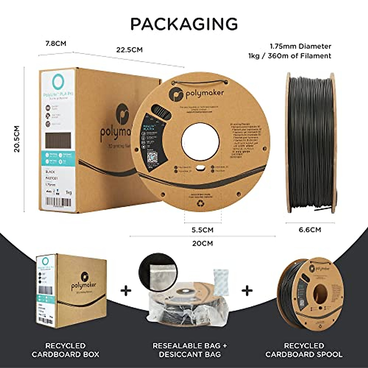 Polymaker PLA PRO Filament 1.75mm Black, Powerful PLA Filament 1.75mm 3D Printer Filament 1kg - PolyLite 1.75 PLA Filament PRO Tough & High Rigidity 3D Printing PLA Filament Black