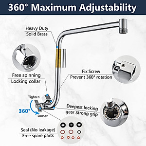 PDPBath Shower Extension Arm, 12" Upgrade Solid Brass Shower Head Shower Head Extender, Adjustable Height Extended with G1/2 Universal Connection for Large Vertical Rainfall Shower Head - Chrome