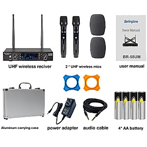 Berlingtone BR-58UM UHF Professional Handheld Wireless Microphone Systems, 120- Adjustable Frequency Channel, Metal Mic/Base, Karaoke, DJ, Conference, Church, Meeting, Weddings, UP to 260ft Range