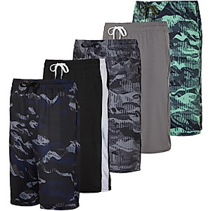 5 Pack Big Boys Youth Teen Printed Shorts Kids Dry Fit Sport Active Mesh Basketball Soccer Running Workout Tennis Gym 16-18