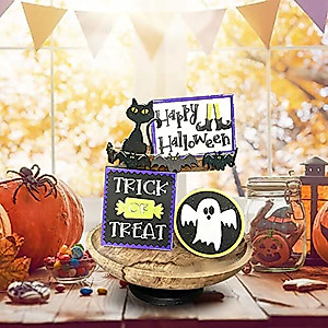 9 Pcs Halloween Tiered Tray Decorations,Halloween Signs for Halloween Home and Office Decor,Halloween Tray Decor with Witch Hat,Ghost,Bat,Tombstone,Pumpkin (7)