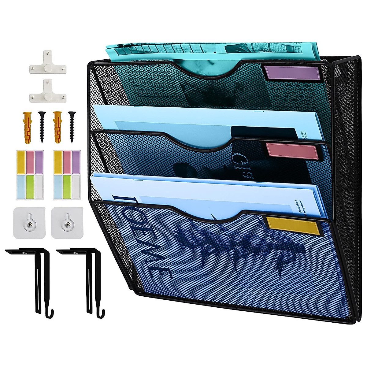 TSDRBWO 3 Tier Hanging Wall File Holder, Metal Mesh File Organizer, Mail Organizer, Wall Mounted Magazine Storage Rack, Magazine Holder Vertical Wall Mounted Mesh Hanging File Folders Paper Organizer