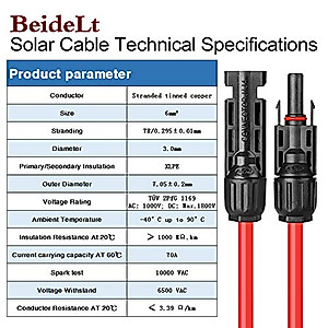 Solar Panel Extension Cable,10AWG(6mm²) Solar Extension Cable Wire with 1 Pair 15 Feet Black + 15 Feet Red Weatherproof Tinned Copper Extension Cable Wire Adapter Kit