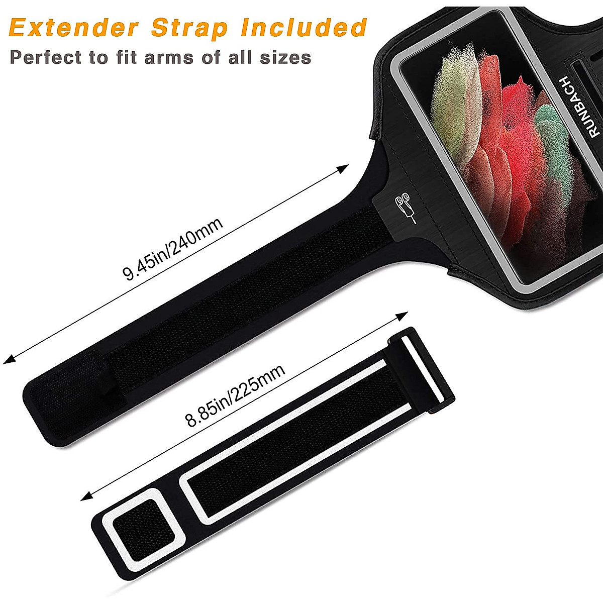 Runbach Water Resistant Running Armband for Samsung Galaxy S24 Ultra/S23 Ultra/S22 Ultra/S21+ 5G/S21 Ultra/S20 Ultra/Note 20 Ultra,Galaxy F62/M62/M51/M12/M02/A90/A71/A70/A42/A32/A21/A12/A02(Black)