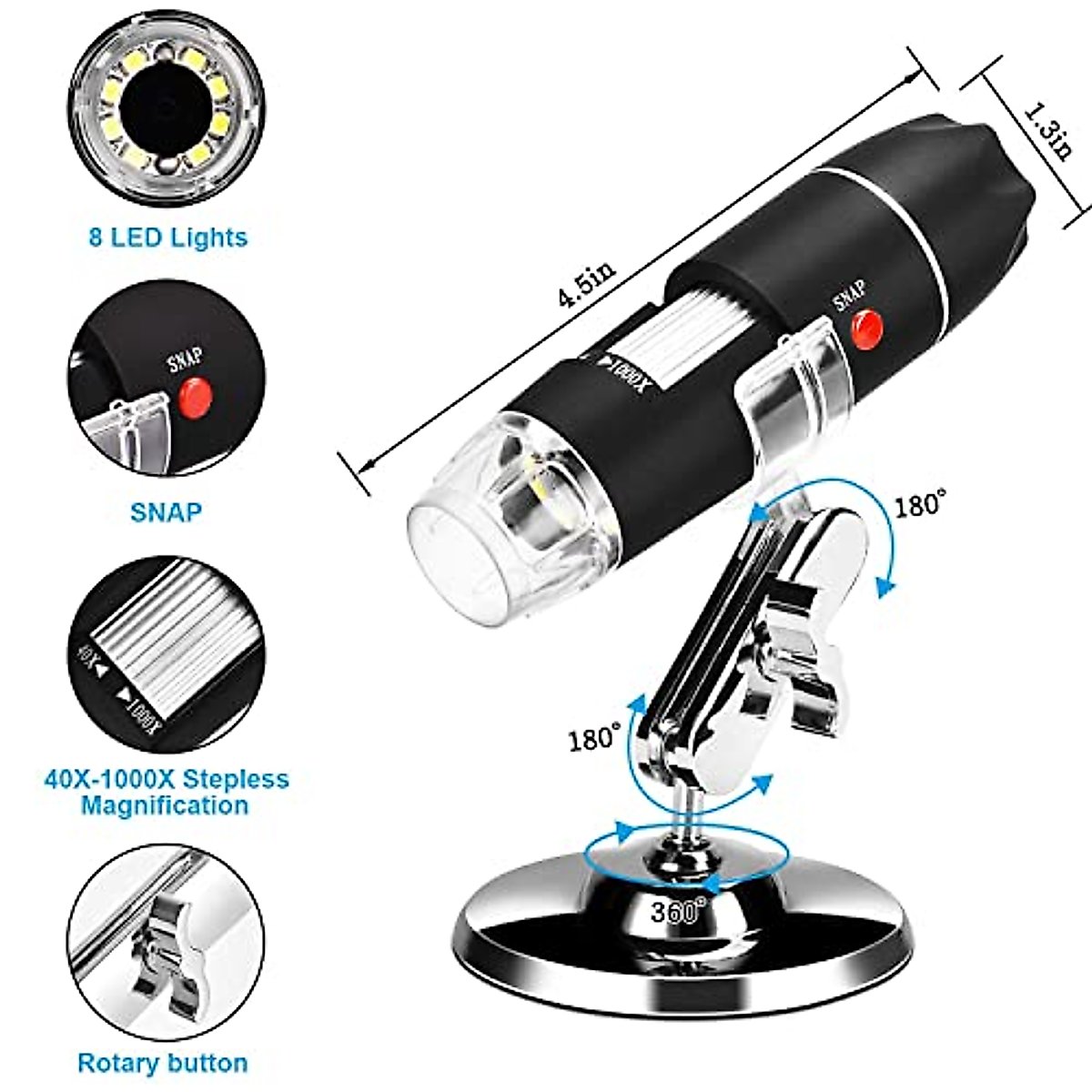 USB Microscope, 40X-1000X Digital Microscope 3 in 1 PCB Microscope Camera Magnification Endoscope Camera Portable Microscope, Metal Stand for Windows 7/8/10, Mac, Android with OTG, Linux