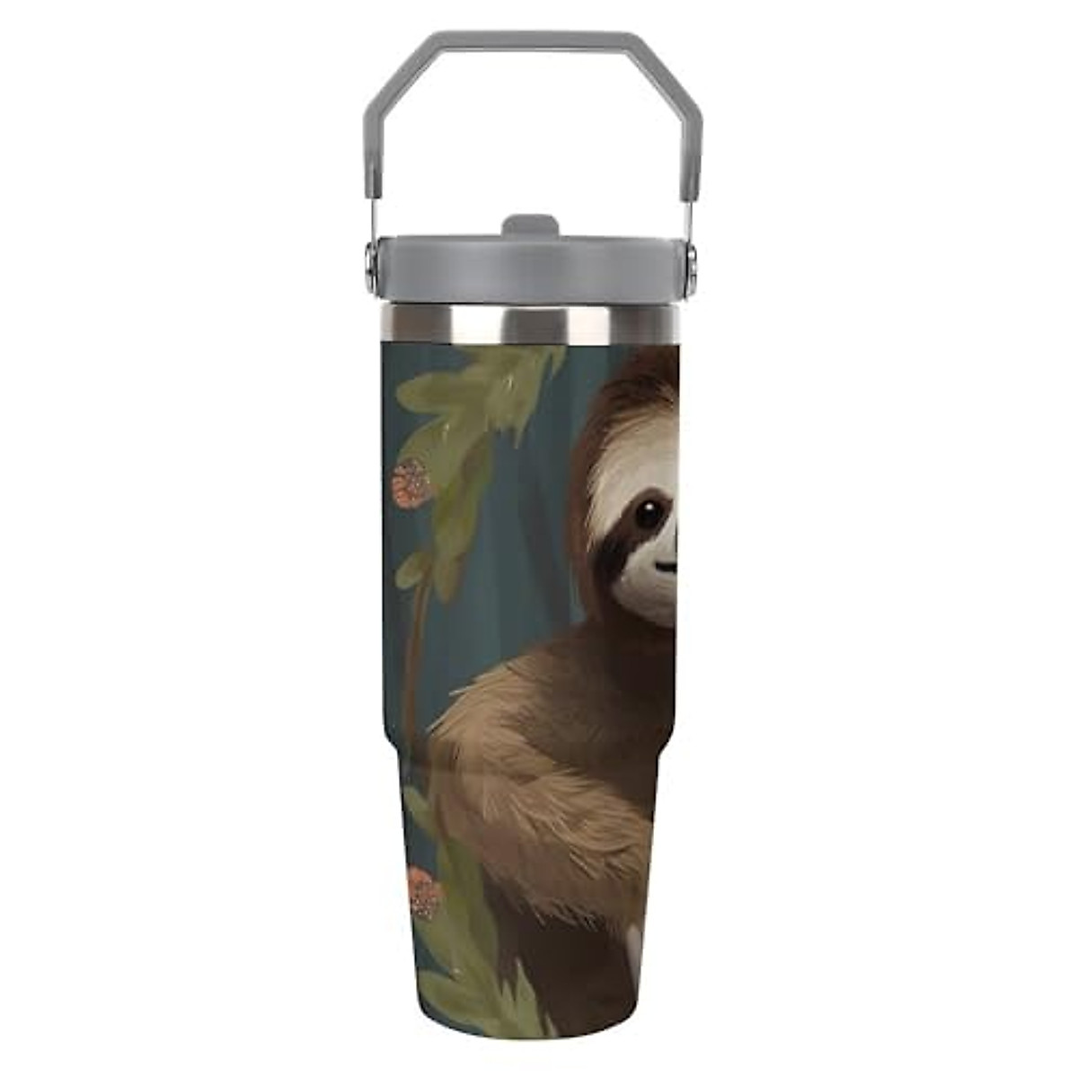 YTLKGFP 30 Oz Large Capacity Car Cup Sloth Tumbler with Handle Straw Lid Insulated Stainless Steel Water Bottle Travel Mug Leak-proof Car Cup Keeps Cold Or Hot