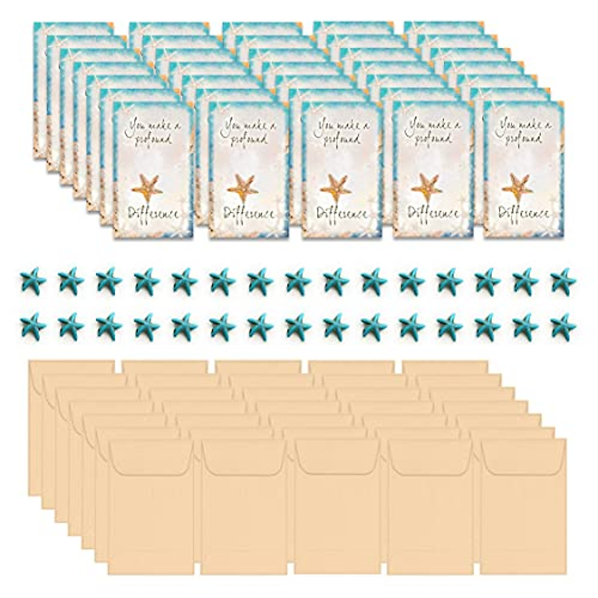 Smiling Wisdom - Bulk 30 Sets - Starfish Story You Make a Difference - Employee Appreciation Mini Greeting Card and Keepsake Gift Sets - 90 Pieces (Starfish - Kraft Envelopes)