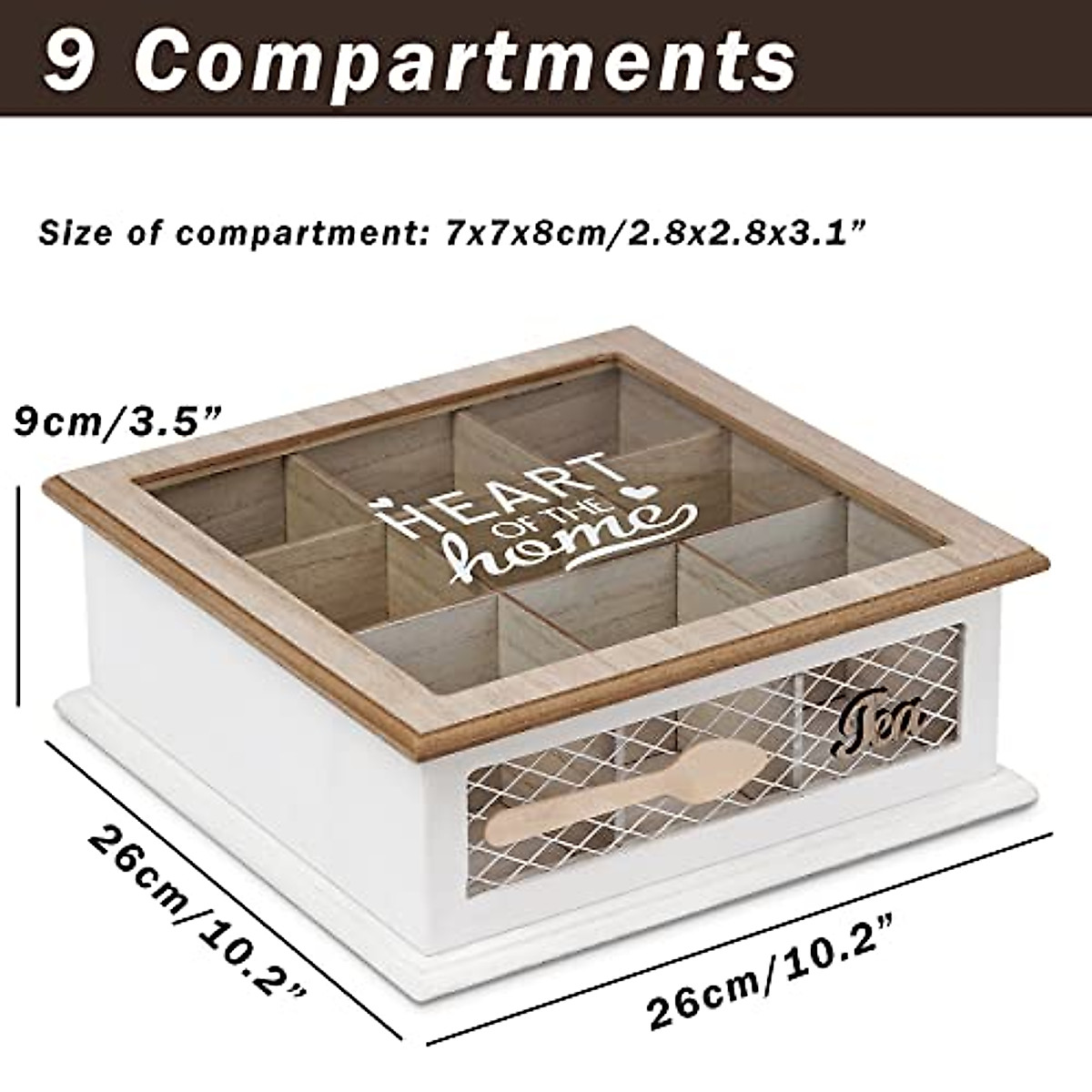 handrong Tea Box for Tea Bag Organizer Wooden Tea Bag Holder Tea Chest with 9 Compartments and Glass Cover for Home Tea Parties and Gift