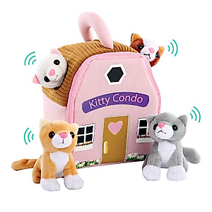 Etna Meowing Cat Condo Toy Playset with Sounds, 5 Piece Small Stuffed Cats and Kittens