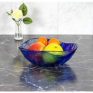 Red Co. 9.5 Inch 62 Ounce Etched Wavy Glass Salad Bowl, Large Tabletop Centerpiece, Blue