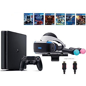 PlayStation VR Start Bundle 10 Items:VR Start Bundle,Sony PS4 Slim 1TB Console - Jet Black,6 VR Game Disc Until Dawn:Rush of Blood, EVE:Valkyrie,Battlezone,Batman:Arkham VR, DriveClub,Battlezone
