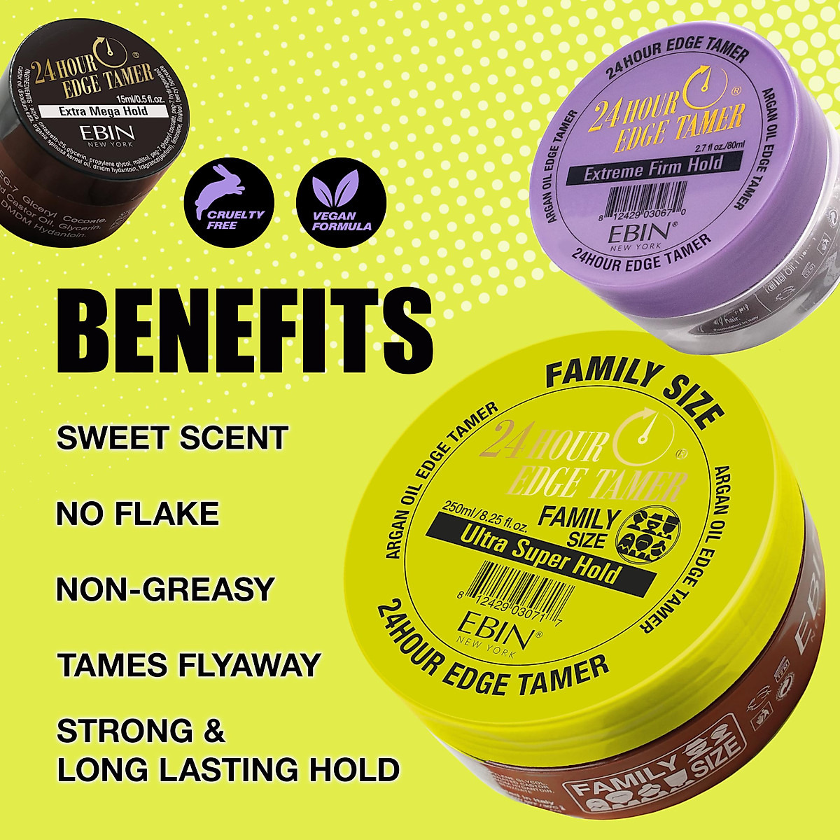 EBIN NEW YORK 24 Hour Edge Tamer - Extreme Firm Hold (2.7oz/ 80ml) - No Flaking, White Residue, Shine and Smooth texture with Argan Oil and Castor Oil