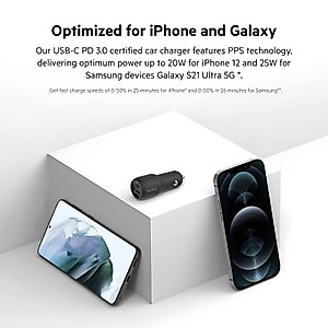 Belkin 37W Dual Port Fast Car Charger with 3.3ft USB-C Cable Included, USB-C 25W PPS Port and USB-A 12W Port for Galaxy S23, S23+, Ultra, Note20, iPhone 14, 13, 12, 11, Pro, Max, Mini and More
