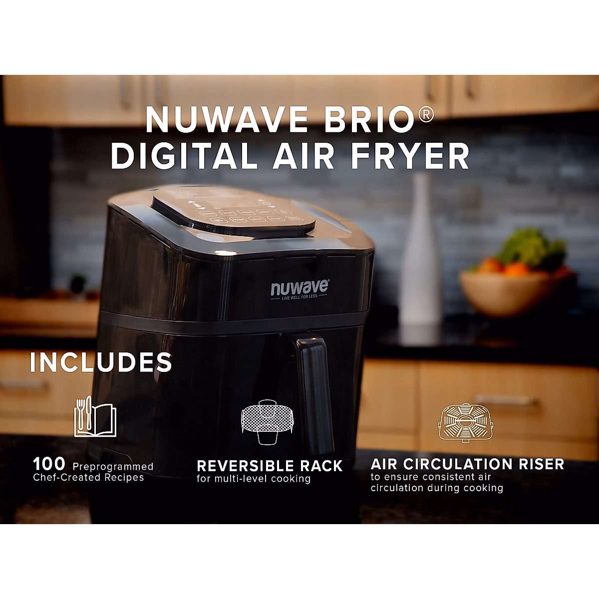 NUWAVE Brio 7-in-1 Air Fryer Oven, 7.25-Quart with One-Touch Digital Controls, Non-Stick Air Circulation Riser & Reversible Rack Included