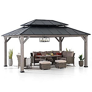 Sunjoy 12 x 16 ft. Wood Gazebo, Outdoor Patio Steel Hardtop Gazebo, Cedar Framed Wooden Gazebo with 2-Tier Metal Roof, Suitable for Patios, Lawn and Backyard, Matte Black Roof + Gray Wood Frame
