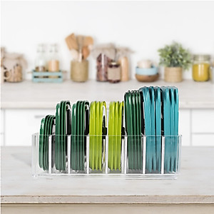 Bawuie Lid Organizer for Food Storage Container, Plastic Lid Holder with 7 Adjustable Dividers for Kitchen Pantry Cabinet and Drawer, Countertop Cupboard Lid Organization, Medium, Clear