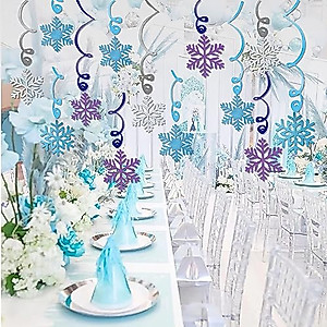 30CT Christmas Snowflake Hanging Swirl Decorations, Winter Snowflakes Frozen Birthday Party Ceiling Streamer Purple Blue Silver Snowflake Garland for Winter Party Wonderland Xmas New Year Party Decor