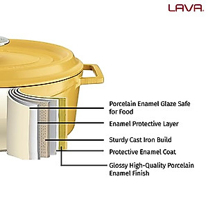 LAVA 3.7 Quart Enameled Cast Iron Braiser: Multipurpose Stylish Yellow Round Dutch Oven Pot with Enameled Black Interior and Trendy Lid