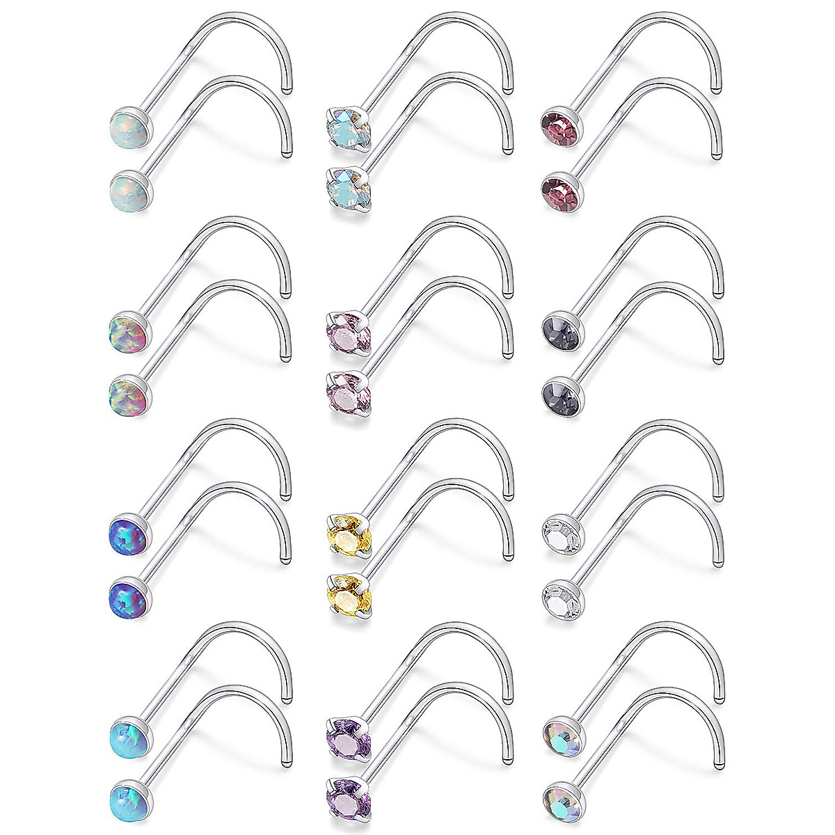 Kridzisw 18G Nose Rings for Women Stainless Surgical Steel Opal Diamond Silver Nose Ring Studs Corkscrew Screw Twist Spiral Nose Nostril Piercing Studs Hook Piercing Jewelry for Women Men 1.5mm