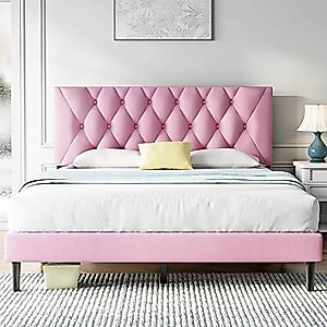 Molblly Twin Size Platform Bed Frame with Adjustable Headboard, Flannel Fabric Wrap, Strong Frame and Wooden Slats Support, No Box Spring Needed, Non-Slip and Noise-Free, Easy Assembly, Pink