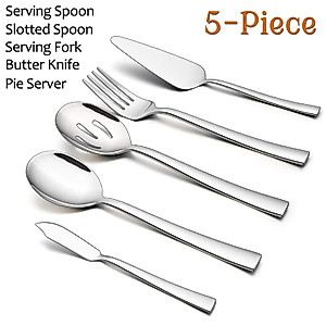E-far 5-Piece Serving Utensils, Stainless Steel Square Edge Hostess Serving Set for Buffet Party Kitchen Restaurant, Mirror Finished & Dishwasher Safe