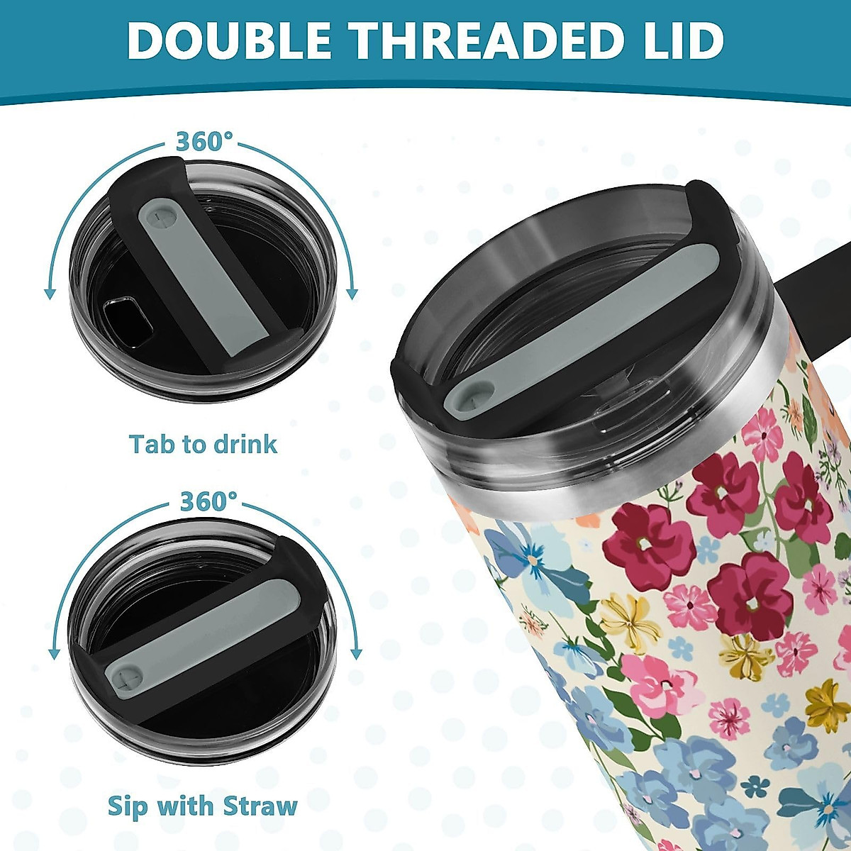 Yasala Car Tumbler with Handle Watercolor Cute Garden Flower Travel Mug Coffee Cup Insulated Beverage Container Mega Cup for Hot Cold Drinking Thermos Water Bottle Cupholder Friendly 40 oz