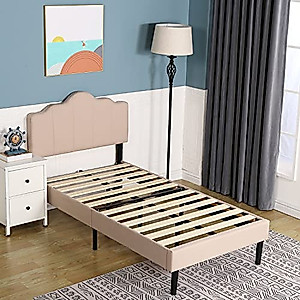 VECELO Twin Size Upholstered Platform Bed Frame with Adjustable Headboard, Wood Slat Support and Noise-Free, No Box Spring Needed, Easy Assembly