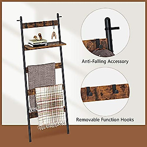 Rolanstar Blanket Ladder with Adjustable Shelf and 4 Hanging Hooks, Wall-Leaning Blanket Rack, Ladder Shelf Stand for Bathroom, Living Room, Kitchen, Rustic Brown