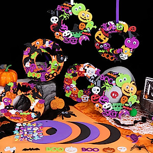 26 Sets Halloween Crafts Foam Wreath Craft Kits DIY Halloween Wreath with Self-Adhesive Pumpkin Ghost Bats Shape Craft Stickers Fall Thanksgiving Halloween Seasonal Sign Decoration