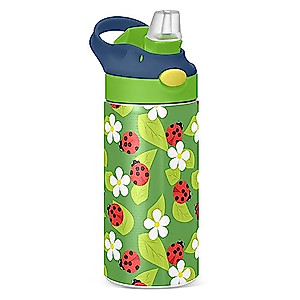 ALAZA Ladybug White Floral Kids Water Bottles with Lids Straw Insulated Stainless Steel Water Bottles Double Walled Leakproof Tumbler Travel Cup for Girls Boys Toddlers 12 oz,Green