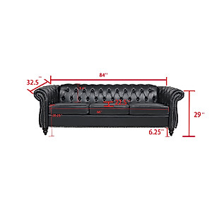 MIYZEAL Chesterfield Sofa, Tufted Leather Couch Upholstered Sofa with Low Back, Roll Arm Classic 3 Seater PU Leather Couch for Living Room Bedroom Office (Black)