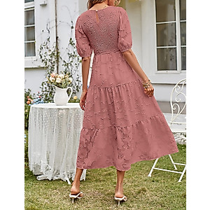 MEROKEETY Women's 2025 Summer Cute Bubble Sleeve Shirred Bohemian Dress Flowy Pleated Midi Long Dresses,Tearose,L