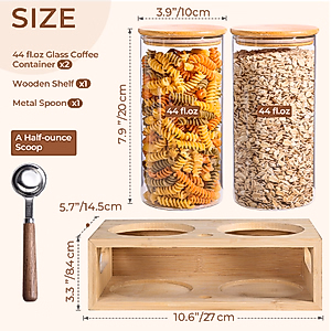 ComSaf Glass Coffee Container with Shelf, 2PCS Coffee Bean Storage Jars, 44 OZ Coffee Canister with Scoop, Glass Canister with Airtight Lid for Kitchen Coffee Station Organizer for Coffee, Sugar, Tea
