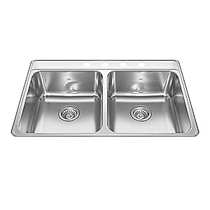 Kindred CDLA3322-8-4CBN Creemore 33-in LR x 22-in FB x 8-in DP Drop In Double Bowl 4-Hole Stainless Steel Kitchen Sink, No Size