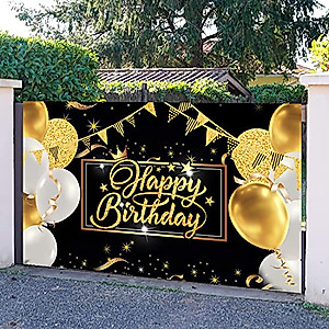 HGH Happy Birthday Backdrop Banner Black and Gold Birthday Party Decorations Sign Poster Large Fabric Glitter Balloon Fireworks Sign Birthday Photo Backdrop Backgroud,72.8 x 43.3 Inch
