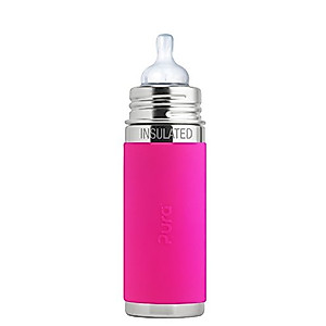 Pura Kiki 9oz/260ml Stainless Steel Insulated Anti-Colic Infant Bottle w/Silicone Medium-Flow Nipple & Sleeve, 100% Plastic-Free, MadeSafe Certified, for Kids, Toddlers, Babies & Infant - Pink