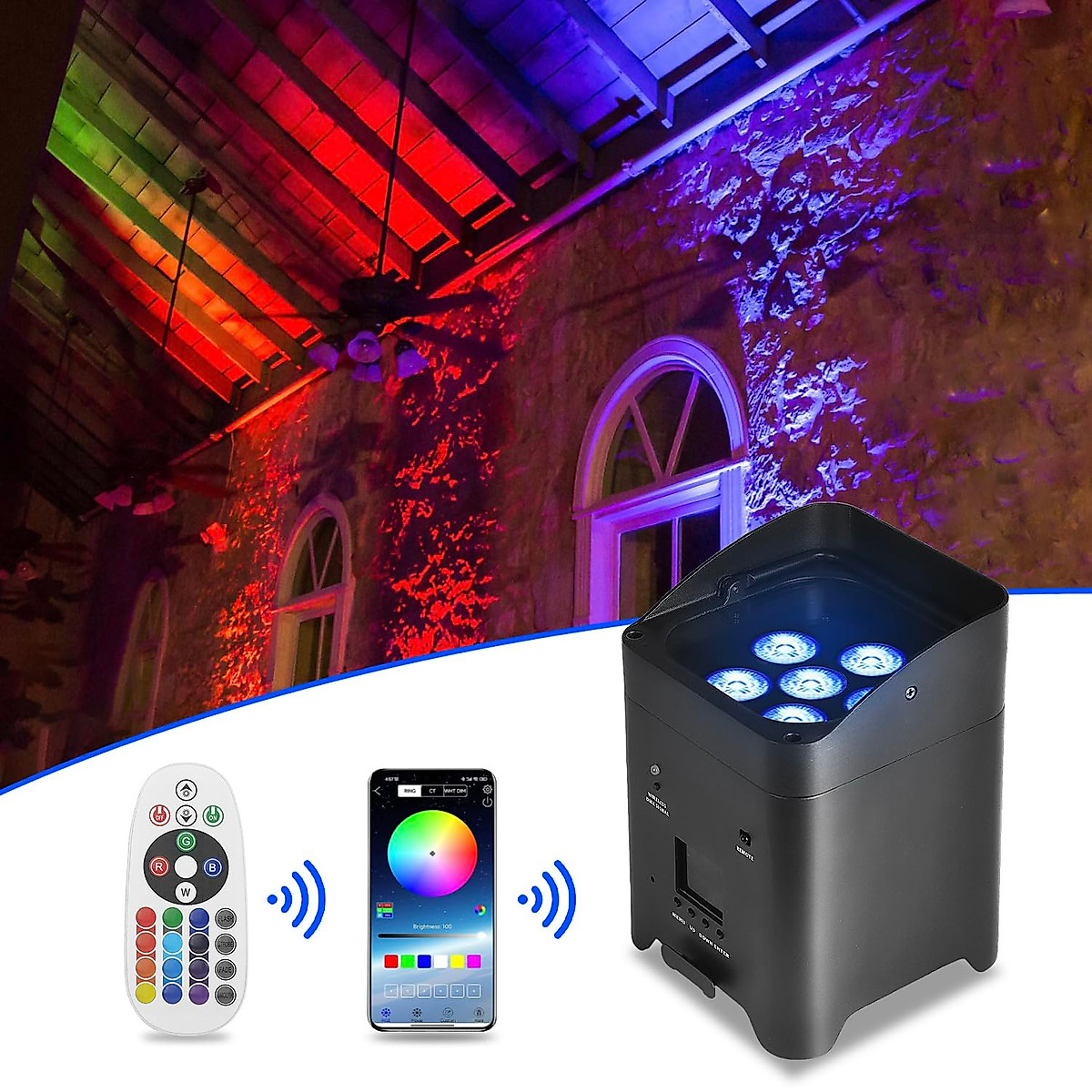 Par Light 6x18W RGBWA+UV Stage Light with WiFi Mobile Phone APP Control for Wedding Stage Party DJ Stage Lights (Black)